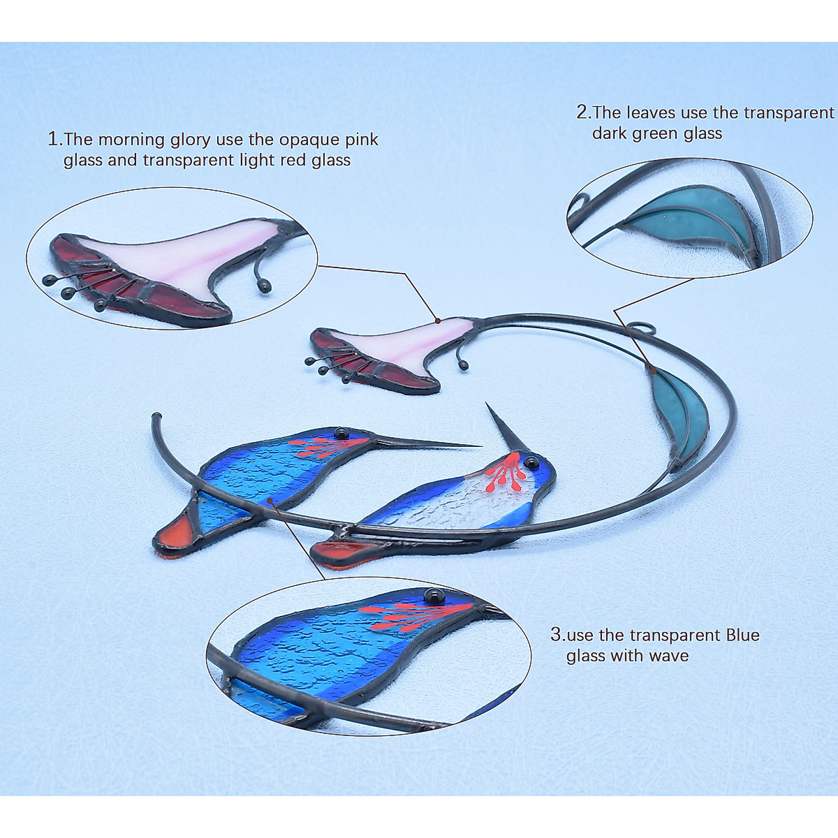 Lolitarcrafts Hummingbird with Flower Stained Glass Suncatcher Bird Stained Glass Window Hangings Hummingbird Gift for Home Decor (Blue 1 Pair)