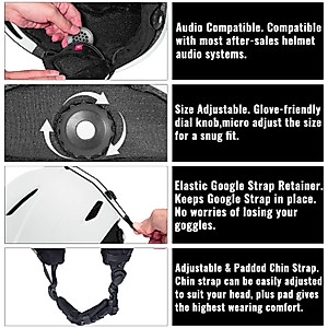 TurboSke Ski Helmet, Snowboard Helmet Snow Sports Helmet, Audio Compatible Helmet for Men, Women and Youth (L, White)