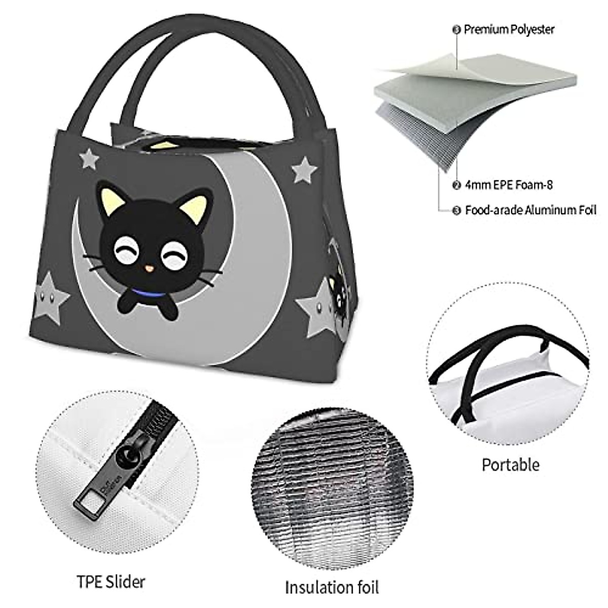 FACITE Small Lunch Bag, Insulated Cute Lunch Bags for Women Kids Gifts,Toddler Girls Lunch Box for School Work, Black Thermal Reusable Durable Portable Soft Cooler Tote Bag, Cat