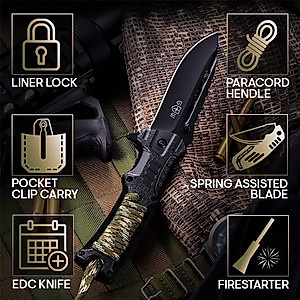 Grand Way Bundle of 2 Items - Pocket Folding Knife - Military Style - Pocket Knives - Tactical Knife - Best EDC Survival Hiking Hunting Camping Knife - Knife with Firestarter and Whistle