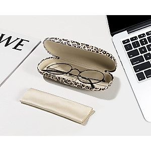 MoKo Hard Shell Eye Glasses Case with Cloth, PU Leather Protective Eyeglasses Cases Storage Organizer Travel for Men Women, Leopard