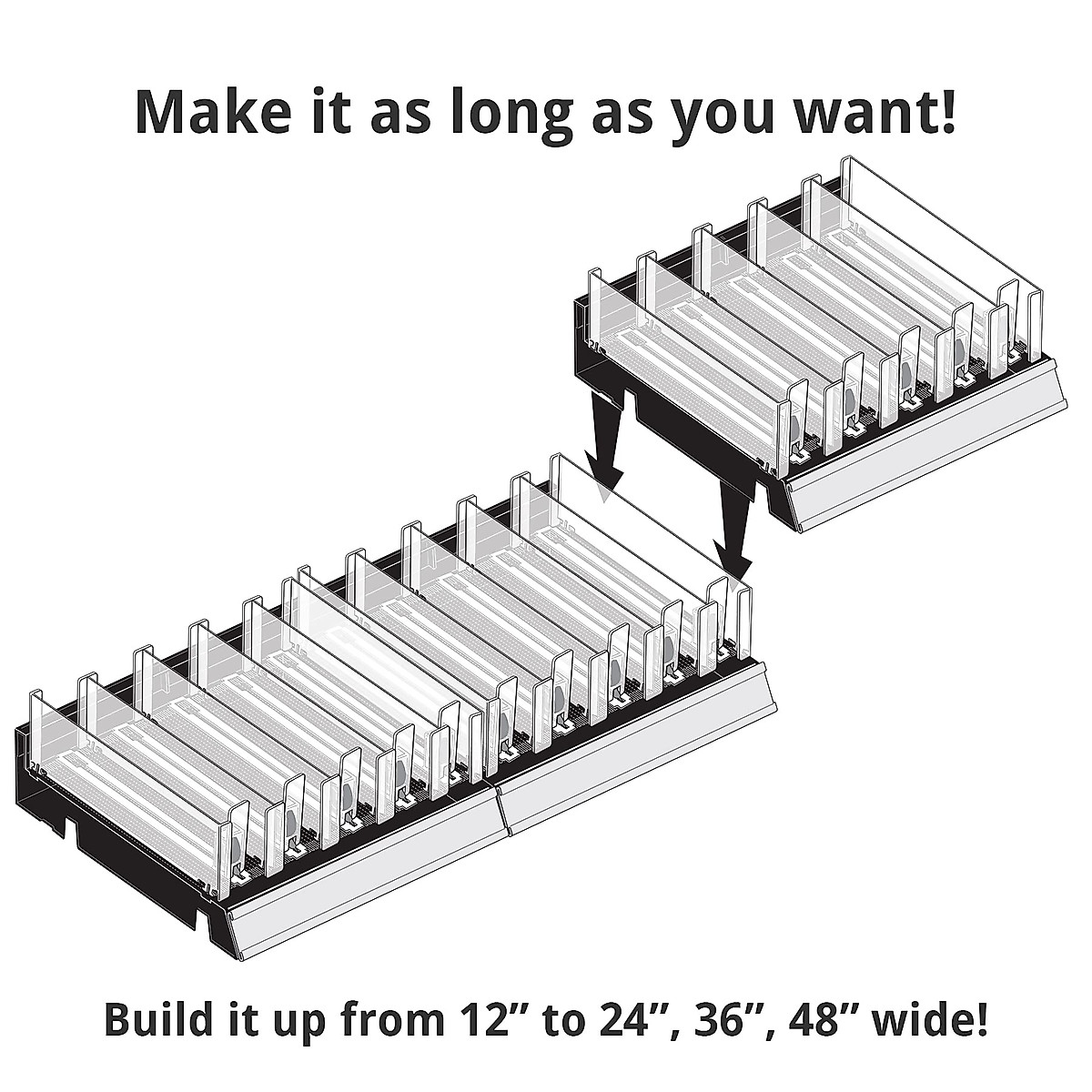 Azar Displays 225830-TALL-BLK Adjustable Tall Divider Bin Cosmetic Tray with Pushers - Customize Slot Size to Product, Black 2-Pack