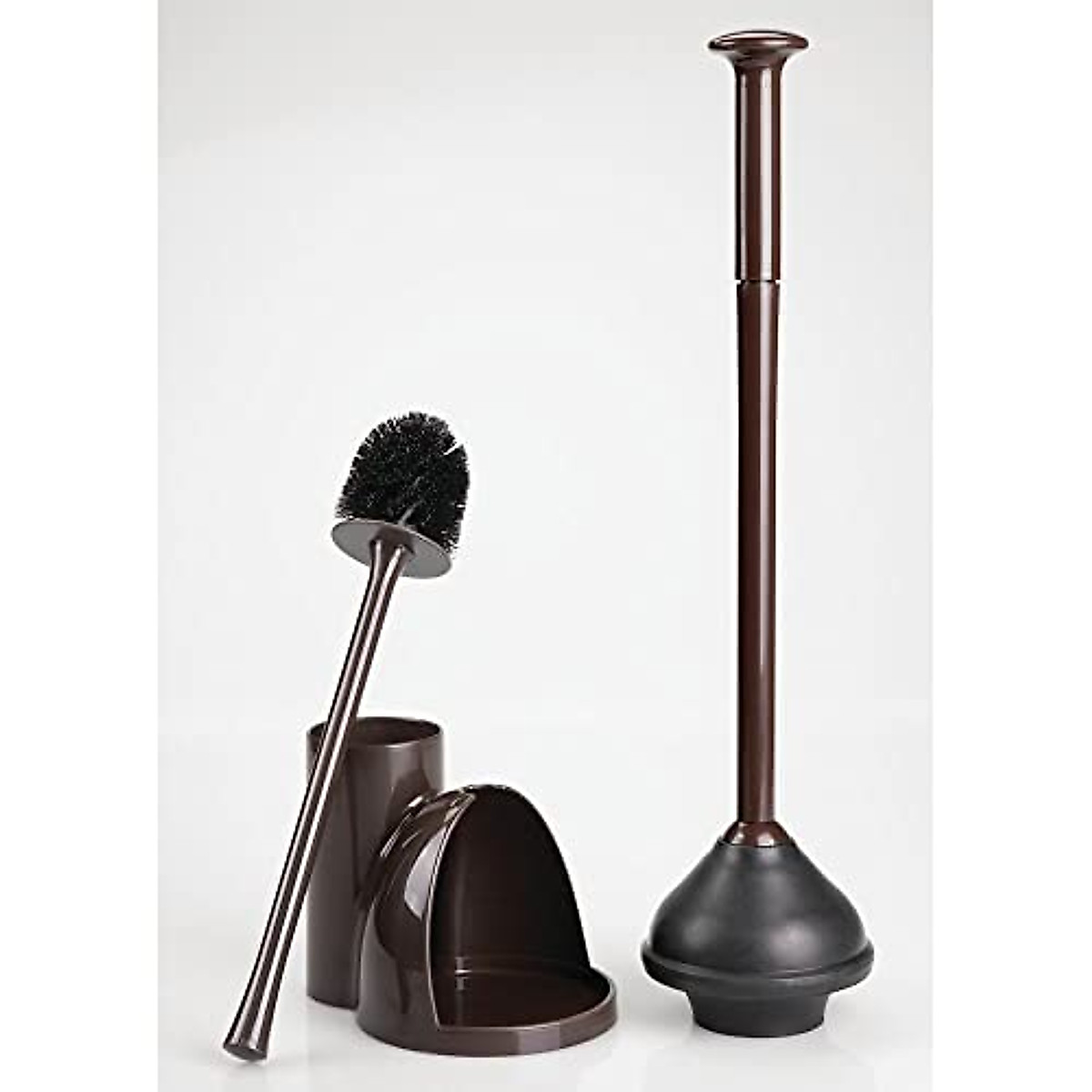 mDesign Compact Freestanding 2-in-1 Plastic Toilet Bowl Brush/Plunger/Trash Wastebasket Garbage Can Combo, Home Bathroom Storage, Sturdy Cleaning Accessories, Aura Collection, Set of 2, Dark Brown
