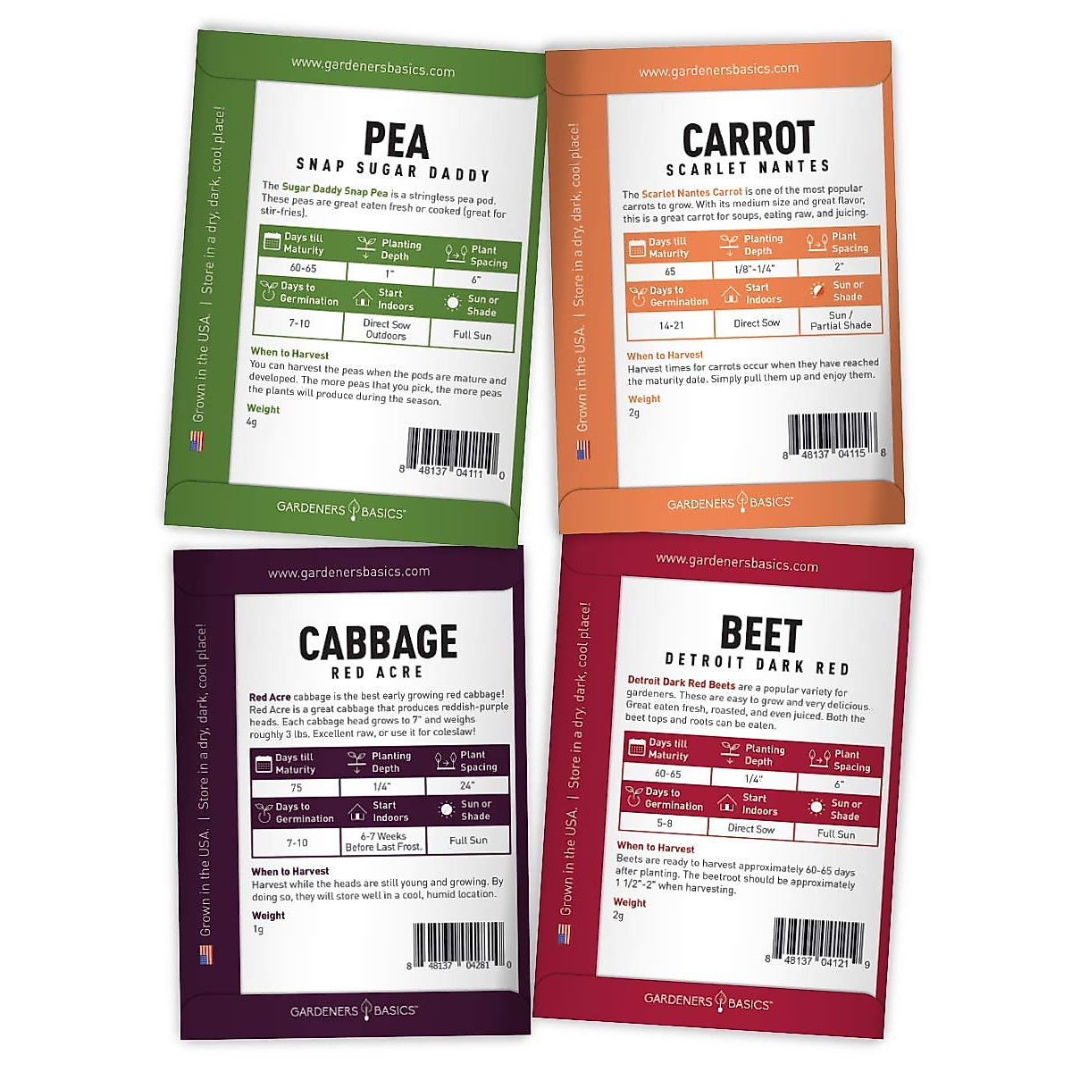 Gardeners Basics, Winter Fall Vegetable Seeds for Planting 8 Varieties Sugar Snap Pea, Carrot, Beet, Radish, Lettuce, Broccoli, Kale, Cabbage Seed Fall Vegetable Seeds Packs