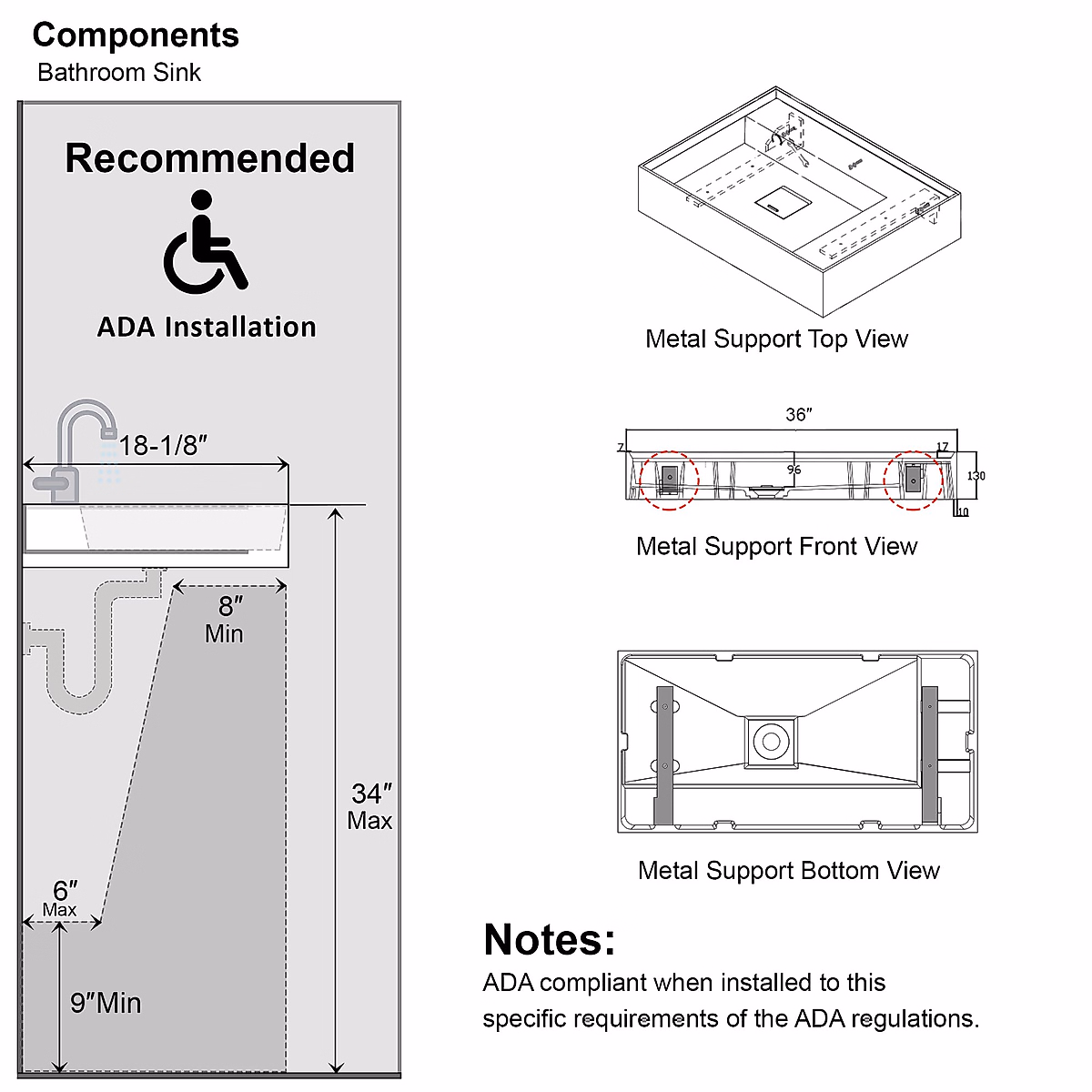 Dowell Wall Mounted Bathroom Sink Rectangular Bowl Stone Resin Sink ADA Compliant Vessel Sink Non-overflow & Single Faucet Hole Floating Sink Perfect for Every Bathroom - Single Bowl - 36" x 18"