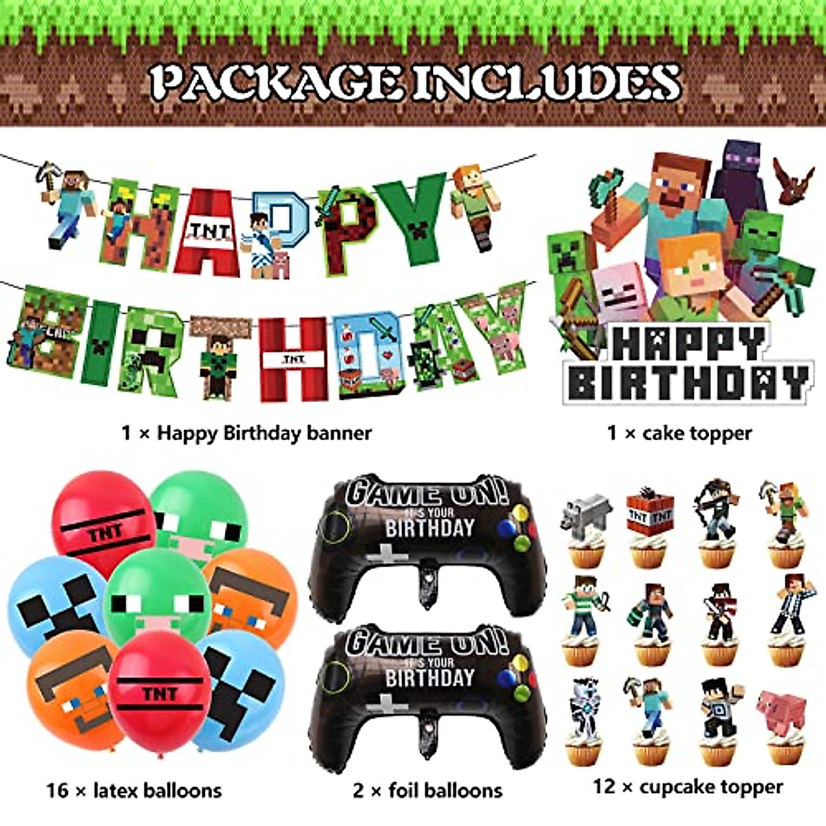 Pixel Themed Birthday Party Supplies, Pixel Style Birthday Banner, Gamer Balloons, Pixel Cake and Cupcake Toppers for Boys Miner Video Game Theme Party Decorations