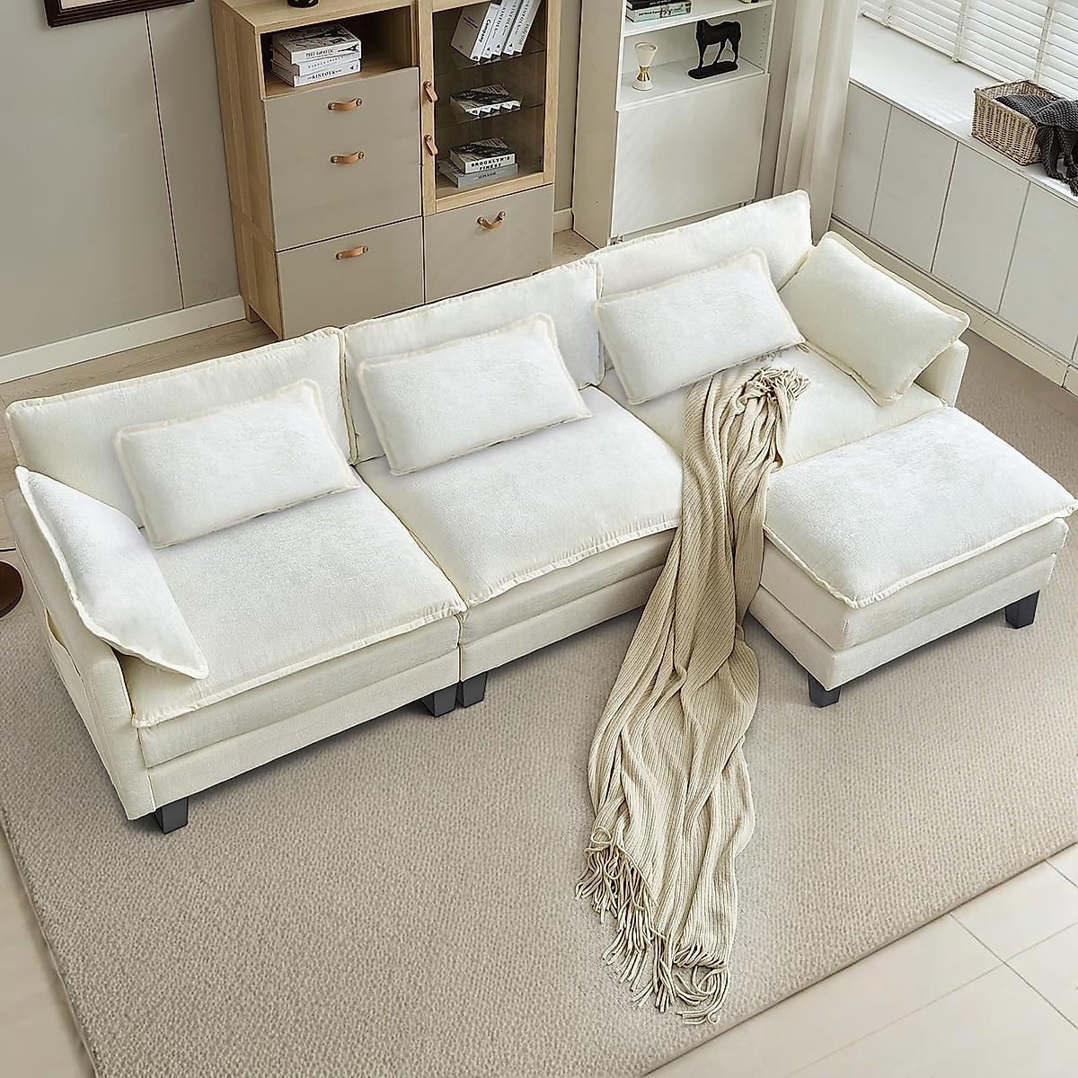 MANBUR Cloud Couch Sectional, Moudular Sectional Sofa Couch, 3-Seat L Shaped Extra Deep Seat Sofa Couch with Ottoman and Pillows for Living Room, Apartment, Office(Cream White)