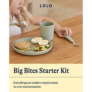 Lalo Big Bites Kids Dinnerware Starter Set - Dishwasher Safe, BPA Free, Kids Tableware Set - Includes Stackable Bowl, Plate, Utensils & Cup - 5 Pieces - Olive
