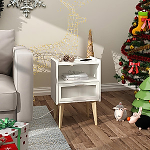 MMEOLUOOK Nightstand with Charging Station, Bedside Tables, End Table Side Table with 2 Tiers Storage Space, for Bedroom, Living Room, White MLBZ07WE