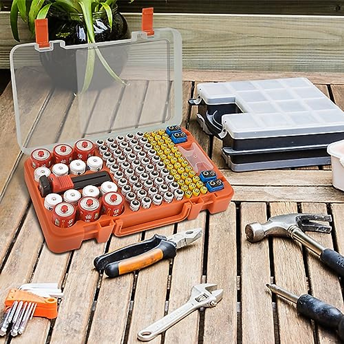 Battery Organizer Storage Case with Tester Checker. Batteries Holder Box Container for 120+ AA AAA 9V C D Lithium CR2025 CR1632 CR2032 Coin Cell Battery with Wall-Mounted Design -Orange