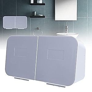 Cotton Swab Storage Box, 2 Grids Clamshell Removable Storage Organizer, Wall Mounted Storage Container with 2 Super Glue for Cosmetic Sponge Sanitary Napkins Makeup Pads Bath Salts Kitchen(White Gray)