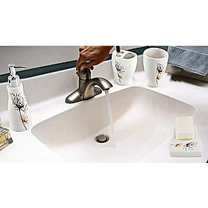 HOME-X Bathroom Accessory Set, 4-Piece Set with Soap Dish, Liquid Dispenser, Tumbler, and Toothbrush Holder, White with Flower Print