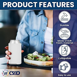 CSBD 12 Pack Blank Can Coolers, Foam Collapsible Insulated Can Sleeves for Beer, Soda, Water Bottles, Bulk Customizable Sublimation Blanks for DIY, HTV Vinyl Projects, Parties, Weddings - White