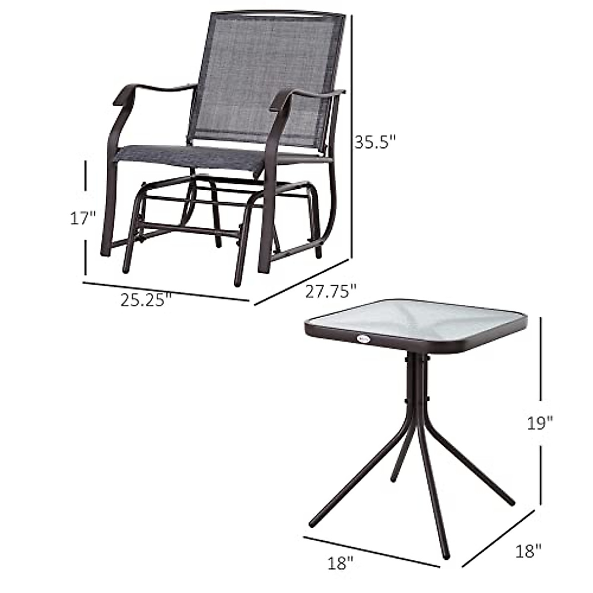Outsunny 3 Pcs Outdoor Gliders Set Bistro Set with Glass Top Table for Patio, Garden, Backyard, Lawn, Grey