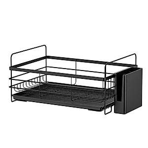 VIDECOR Dish Drainer Rack, Expandable Dish Drying Rack with Utensil Holder Cup Holder, Stainless Steel Dish Drying Rack and Drainboard Set for Kitchen Counter,A