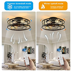 HUEOCZW 20" Caged Ceiling Fan with Light and Remote，bladeless Ceiling Fan 6 Speed Reversible with 4 Bulbs and Remote Control.Low Profile Ceiling Fan with Lights for Bedroom, Dining Room
