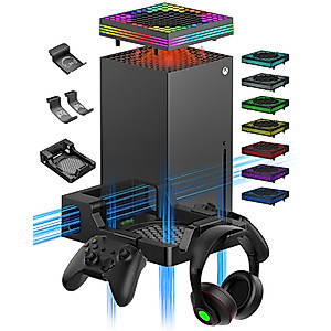 Wall Mount with RGB Cooling Fan for Xbox Series X - includes 4 Controller Holders and 2 Headphone Stands