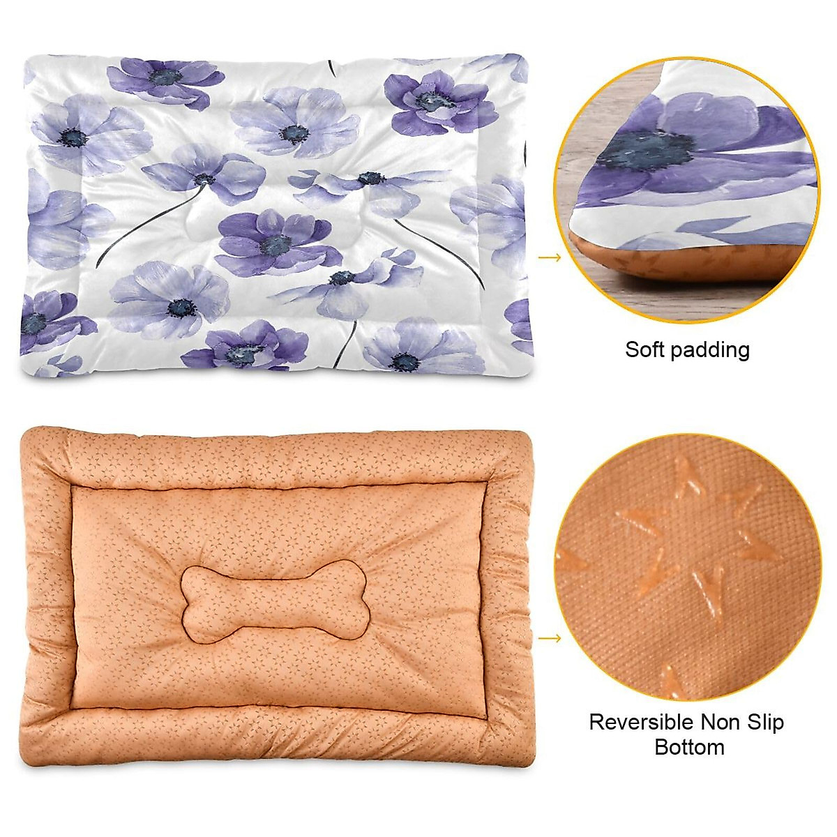 Kigai Watercolor Purple Flowers Pet Bed Mat, Soft Cozy Crate Pet Mattress, Anti-Slip Bottom Machine Washable Pet Mat for Dog Sleeping