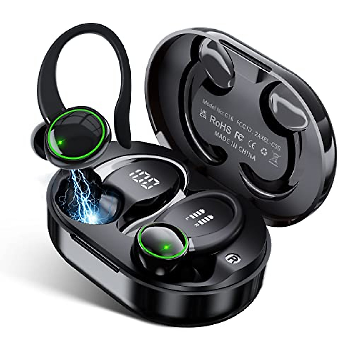 for Samsung Galaxy S23 Wireless Earbuds Bluetooth Headphones 48hrs Play Back Sport Earphones with LED Display Over-Ear Buds with Earhooks Built-in Mic - Black