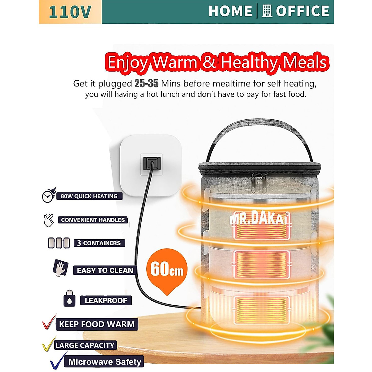 Mr.Dakai Portable Electric Heated Bento Lunch Box for Adults Kids, 71oz Stackable Stainless Steel Hot Food Lunch Box Container, 3-Tier Insulated Bento Box Adult Thermal Lunch Box, Food Warmer Set