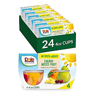 Dole Fruit Bowls Cherry Mixed Fruit in 100% Juice Snacks, 4oz 24 Total Cups, Gluten & Dairy Free, Bulk Lunch Snacks for Kids & Adults
