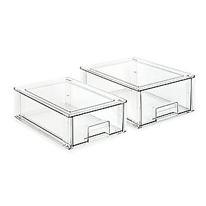 Isaac Jacobs Stackable Organizer Drawer Set (1 Medium, 1 Large), Clear Plastic Storage Boxes, Pull-Out Bins, Home, Office, Closet, Shoes, BPA-Free, Food/Fridge/Freezer Safe (1 Medium, 1 Large)