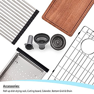 25 Inch Undermount Kitchen Sink Workstation, Jshozzy 25x19 Handmade Black 304 Stainless Steel Undermount Kitchen Sink with Offset Drain Deep Single Bowl Bar Prep Sink Basin