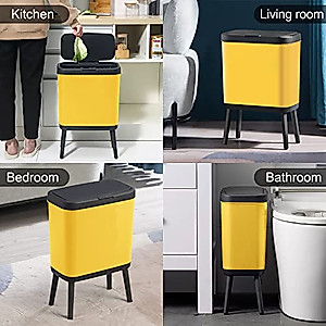 Slim Trash Can with Lid,4Gallon Plastic Garbage Can with Push Button,Dog Proof Trash Can for Room,Tall Kitchen Garbage Bin, Narrow Modern Waste Basket for Bathroom,Living Room,Toilet,Office(Yellow)