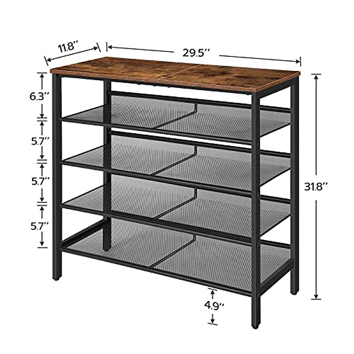 HOOBRO Shoe Rack, 5-Tier Shoe Storage with Adjustable Mesh Shelves, 16-20 Pairs of Shoes, Stable and Durable, Spacious Top, Freestanding, Metal, Industrial, for Entryway, Closet, Rustic Brown BF12XJ01