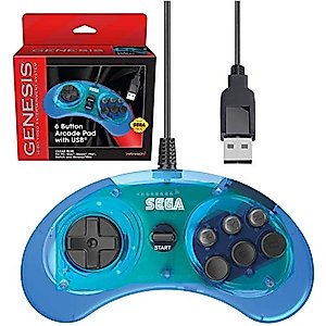 Retro-Bit Official Sega Genesis USB Controller 6-Button Arcade Pad for Sega Genesis Mini, PS3, PC, Mac, Steam, Switch - USB Port - (Clear Blue)