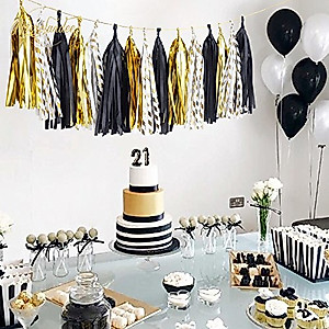 NICROLANDEE Black & Gold Party Decorations, 15Pcs Black Gold Tissue Paper Tassel Garland for Wedding, Graduation, Birthday, Bridal Shower, Bachelorette Party, Prom Night, New Years Eve Party Supplies