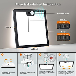 Annaror Motion Sensor LED Ceiling Light Wired, 18W 1800LM Flush Mount Light Fixture with 3 Timer, 3000K 4000K 5000K Selectable, Square Motion Ceiling Light for Closet Porch Stairs Hallway, Black