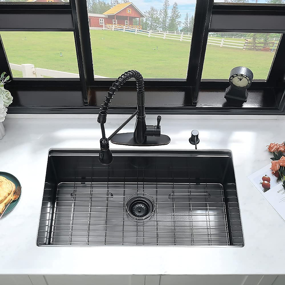 33 Inch Black Stainless Steel Undermount Kitchen Sink - iAnomla 33x19x10 Undermount Workstation Sink 16 Gauge Gunmetal Black Deep Single Bowl Kitchen Sink with Cutting Board & Colander