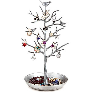 WELL-STRONG Jewelry Tree Necklace Earring Holder Modern Cute Bird Jewelry Stand for Women Girls Teen Silver