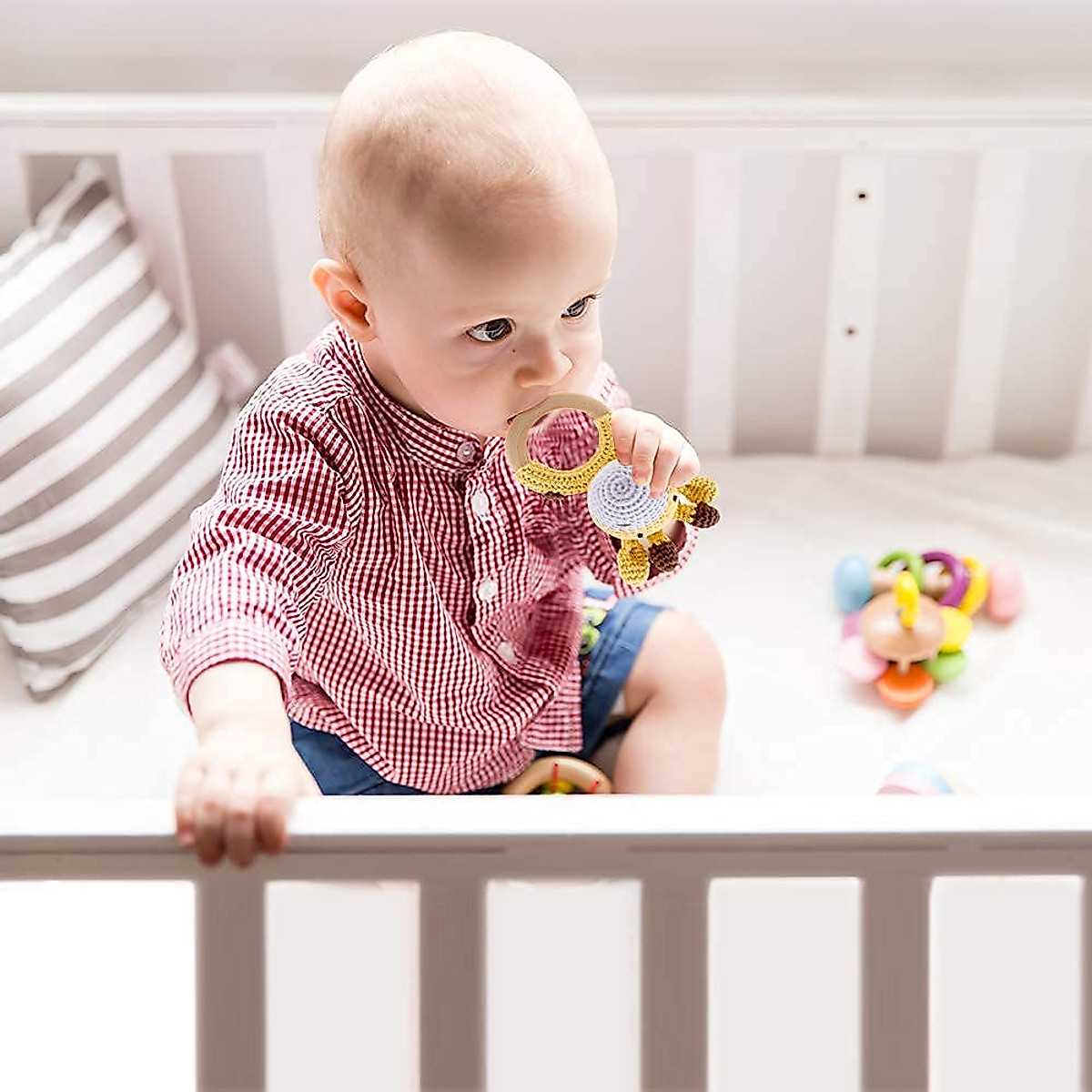 Bopoobo Wooden Baby Rattle-5PCS Natural Crochet Giraffe Organic Montessori Toys Wooden Baby Toys Early Development Rattle Perfect for Baby 6-12 Months Infant Wooden Toy Safe Wood Rattle Crafts