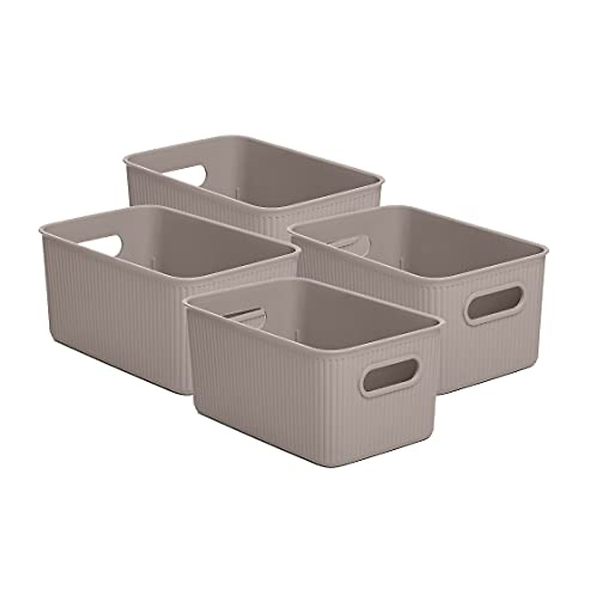 Superio Decorative Plastic Open Home Storage Bins Organizer Baskets, Medium Taupe (4 Pack) Container Boxes for Organizing Closet Shelves Drawer Shelf - Ribbed Collection 5 Liter
