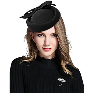 Z&X Wool Felt Fascinator Winter Women Elegant Pillbox Hat Bowknot Kentucky Derby Church Hat Retro Fedoras (032 Black), One Size