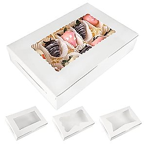 Moretoes 48pcs White Bakery Boxes 12x8x2.5 Inches with 3 Style Window for Pastry, Dessert, Cookies, Muffins, Donuts, Chocolate Covered Strawberries with 4pcs Stickers