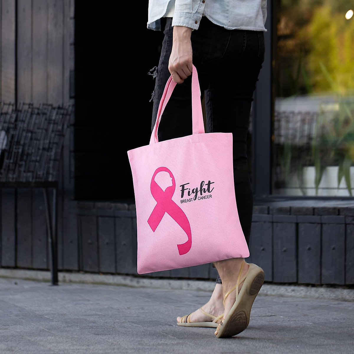 Silkfly 12 Pcs Breast Cancer Awareness Gift Canvas Tote Bags with Handles Pink Ribbon Bags Reusable Grocery Shopping Party Cloth Handbags Washable Craft, 13.78 x 15.75 In