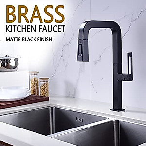 Kitchen Faucet with Pull Down Sprayer Square Shaped Brass Bar Sink Faucet Single Handle Kitchen Faucet, Matte Black