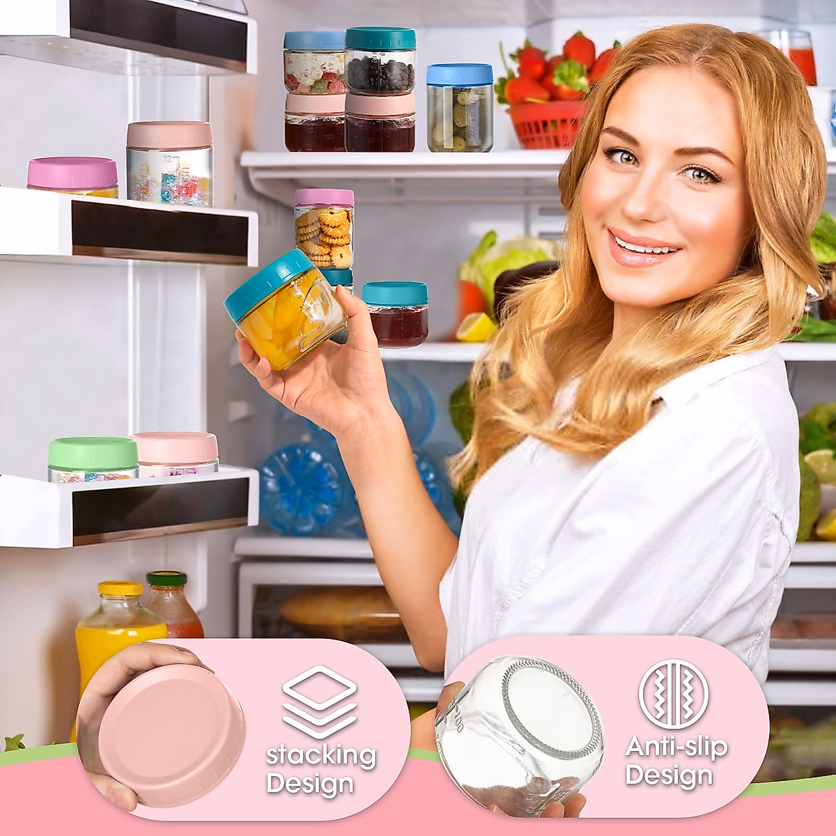 KITCHOP 4 Pack Overnight Oats Containers with Lids, Glass Jars with Lids, Mason Jars with Airtight Lids, Glass Storage Containers for Leftover, Breakfast and Lunch(9.1 oz)