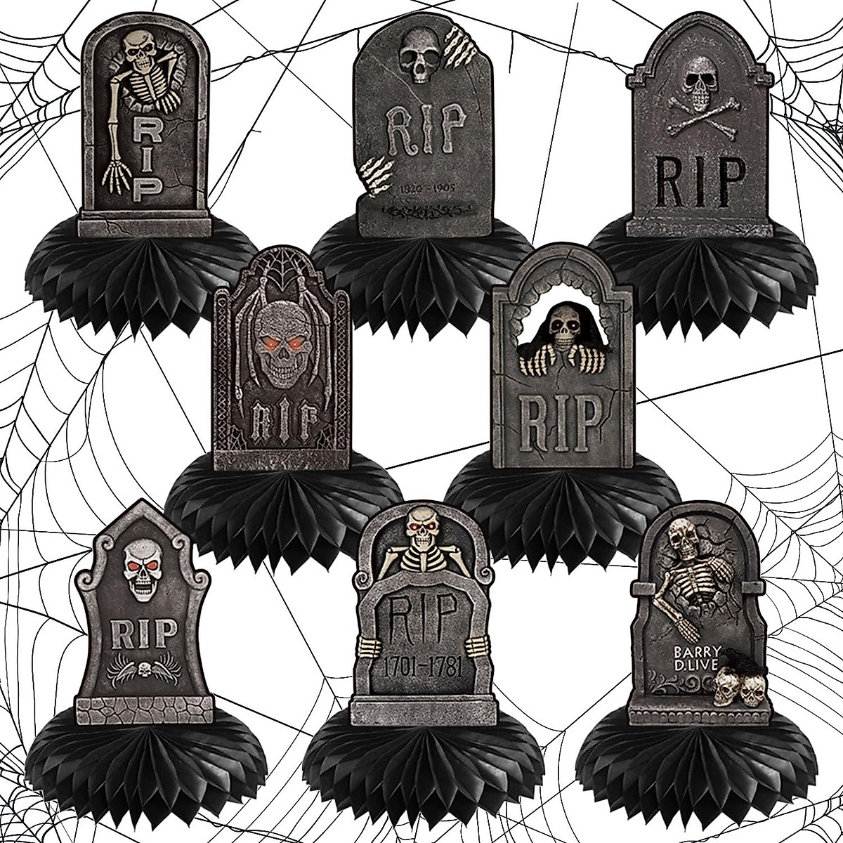 8pcs Halloween Tombstone Centerpiece Decorations Rip to My 20s bachelorette Honeycomb Centerpieces Funeral for My Youth 30th Birthday Skull Gothic Party Supplies