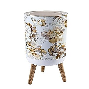 Small Trash Can with Lid Seamless with a Gold Hydrangea and Cherry Flowers Round Recycle Bin Press Top Dog Proof Wastebasket for Kitchen Bathroom Bedroom Office 7L/1.8 Gallon