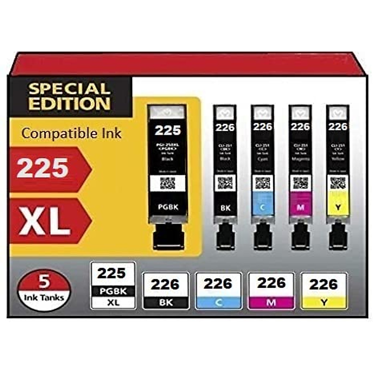 Canon PGi-225 and Cli-226 Compatible Ink Cartridge Value Pack. Includes 1 PGi-225 Black, 1 Cli-226 Black, 1 Cyan, 1 Magenta, and 1 Yellow Ink Cartridges