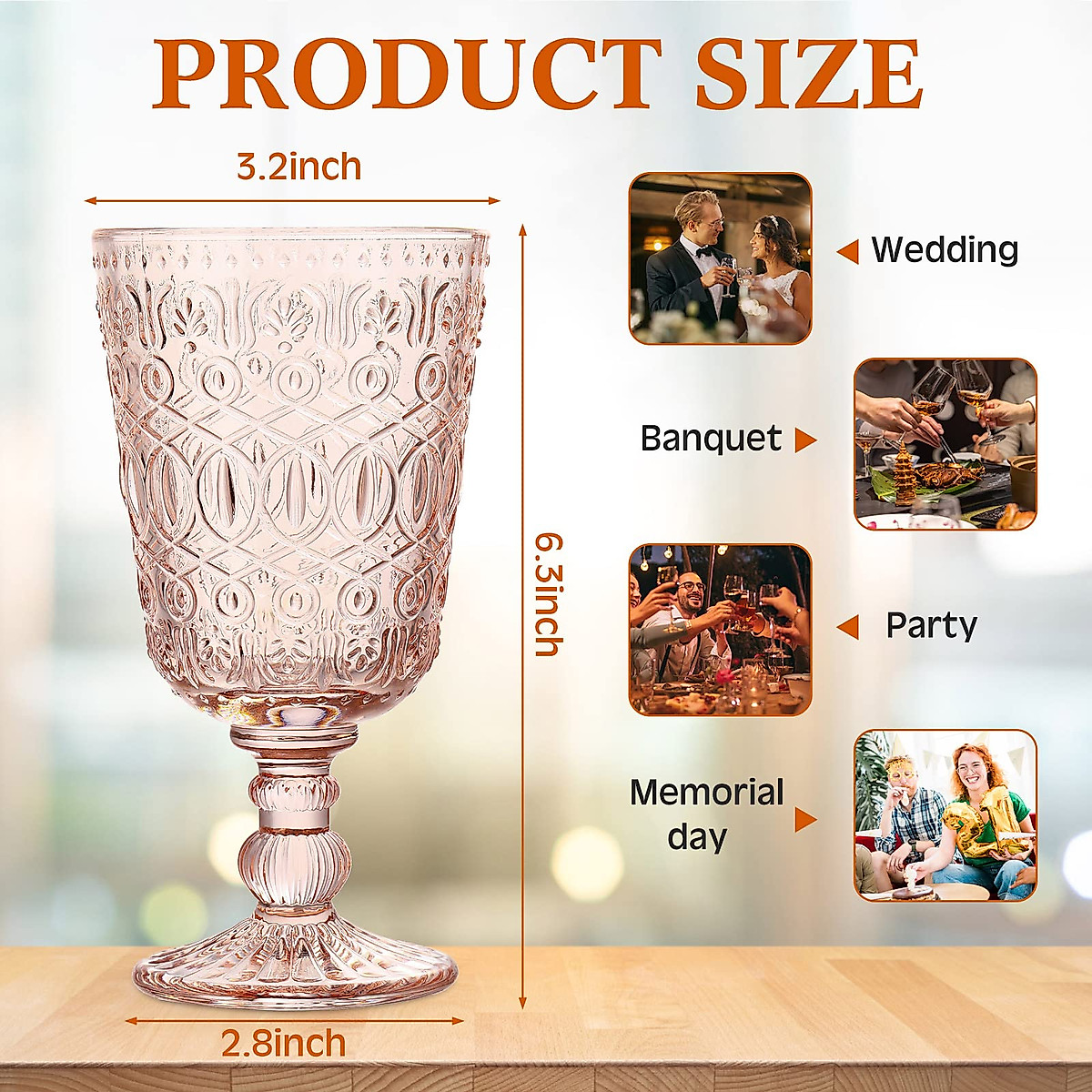 Rtteri 12 Pcs Vintage Glass Goblet Stemmed Wine Glasses Bulks 10 oz Wine Glasses Set High Clear Wine Glass Glassware for Juice Liquor Party Wedding Bars Restaurants Romantic Embossed (Flesh Pink)