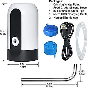 5 Gallon Water Dispenser - Pump for 5 Gallon Water Jug USB Charging Water Bottle Pump with Non Spill Bottle Cap Universal Fit for Home, Office and Outdoor (White)