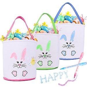 3Pcs Easter Basket for Kids Easter Bunny Canvas Candy Basket Bulk, DIY Personalized Easter Large Buckets Tote Bags Egg Hunt Gifts Basket Easter Party Favors Decorations with 2Pcs Double Line Pens