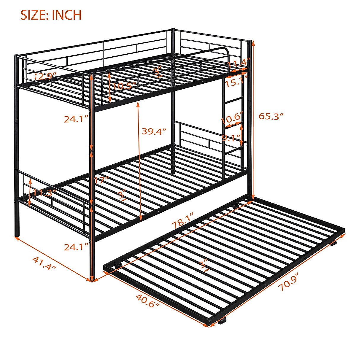 GINGVAT Twin Over Twin Metal Bunk Bed with Trundle and Ladder,Metal Bunk Bed Can be Divided into Two beds,No Spring Box Needed,for Bedroom,Apartment,Black