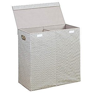 iDesign Axis Fabric Double Folding Laundry Clothes Hamper Bin with Handles and Lid, Basket for Bedroom, College Dorm, 24" x 12" x 25", Taupe