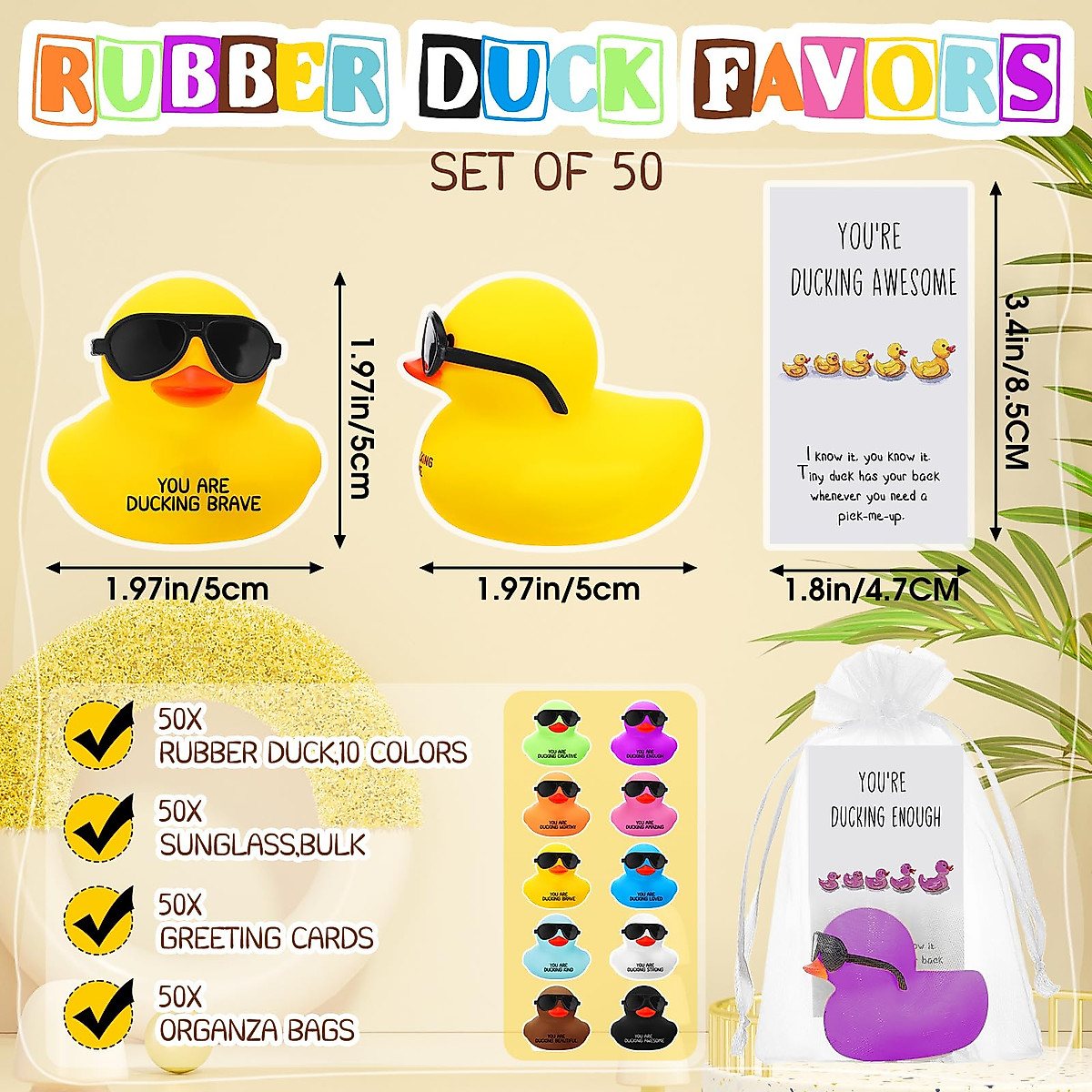 Glimin 100 Set Inspirational Mini Rubber Ducks with Glasses You are Awesome Card and Bag Thank You Gift Employee Appreciation Gift You're Ducking Gift for Christmas Staff Team Coworker Party Favors